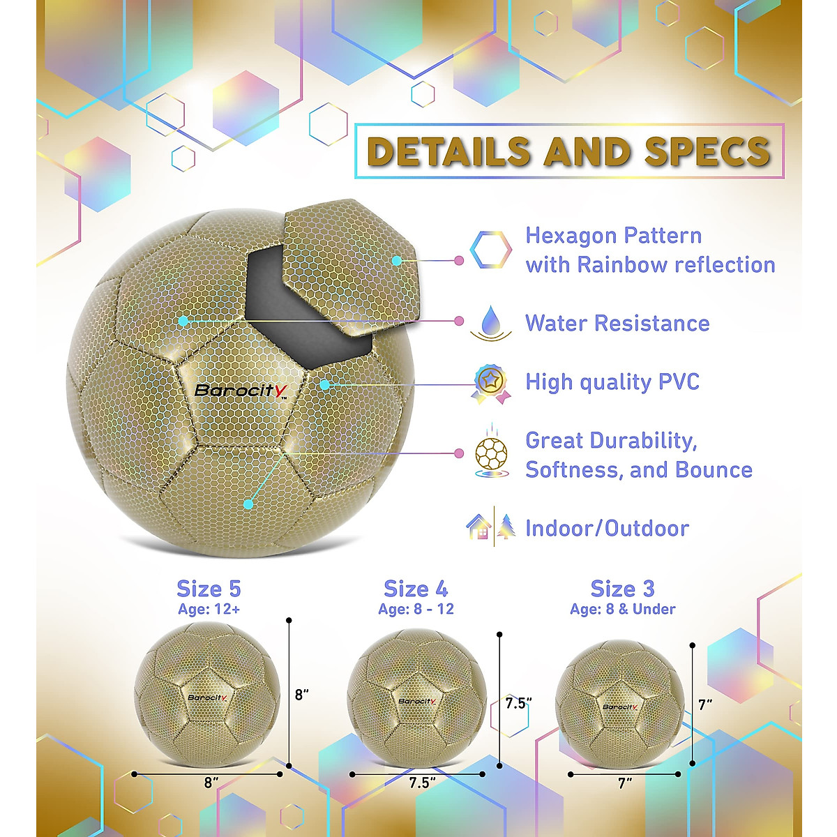 Barocity Classic Gold Size 4 Soccer Ball - Premium Outdoor and Indoor Soccer Ball with Reflective Iridescent Rainbow Hex Pattern, Perfect Boys and Girls Soccer Ball for Playtime, Practice and Training