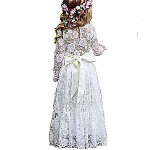 Toddler Flower Girl Fancy Ivory White Lace Boho Long Sleeve Full Length Slim Maxi Princess Dresses 4T