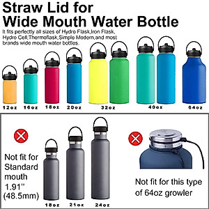 Hydroflask Lids with Straw 32 oz 40 oz Compatible with Hydro Flask Wide Mouth 64 oz Water Bottle, Cap Replacement with Straws, Hydro Flex Handle Top, Flask Water Bottle Accessories(Black 2 Pack)