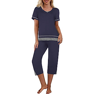 Ekouaer Capri Pajama Sets for Women Capri Pants with Short Tops Sleepwear Ladies Sleep Sets Short Sleeve Pjs Sets Soft Two Piece Loungewear Sets Navy Blue