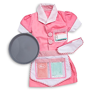 Melissa & Doug Waitress Role Play Costume Set (7 pcs) - Includes Apron, Order Pad, Cap Pink 3-6 years