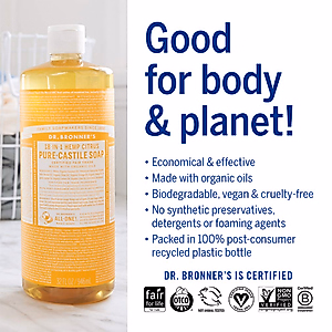 Dr. Bronner's - Pure-Castile Liquid Soap (Citrus, 1 Gallon) - Made with Organic Oils, 18-in-1 Uses: Face, Body, Hair, Laundry, Pets and Dishes, Concentrated, Vegan, Non-GMO