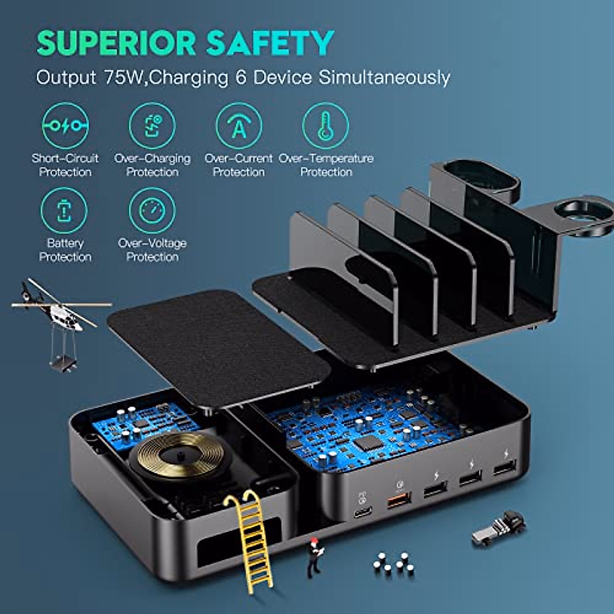 Wireless Charging Station for Multiple Devices, 75W 5 Ports USB Charging Station with PD USB-C & QC 3.0 Ports and Wireless Charging Pad,7 Short Charging Cables Included for iPhone iPad,Tablets