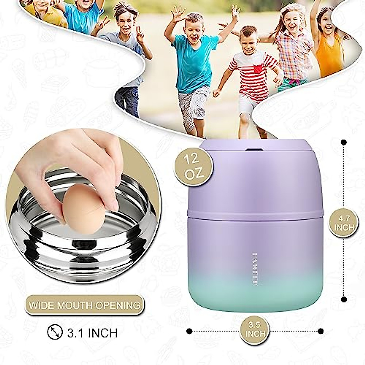 HAWEEK 12 Ounce Thermo For Hot Food Vacuum Soup Thermo Insulted Food Jar, Kids Thermo Lunch Container for School, Travel, Stainless Steel