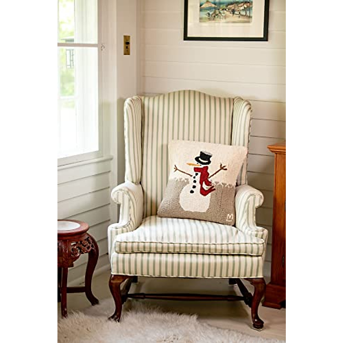 Chandler 4 Corners Artist-Designed Snowman in Stitches Hand-Hooked Wool Decorative Throw Pillow (18” x 18”) Christmas Pillow for Couches & Beds - Low Maintenance-Winter Holiday Square Home Décor