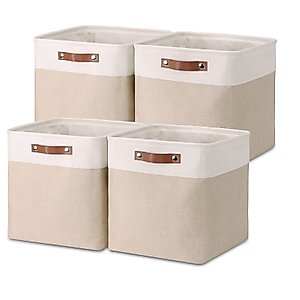 Temary Cube Storage Bins 13x13 Fabric Storage Cubes Baskets Set Of 4 Cloth Baskets for Shelf, Large Basket Empty Baskets for Organizing, Baskets Cube Basket for Storage (White&Khaki)