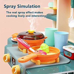 deAO My Happy Little Chef Kitchen 80 Pieces Pretend Play Set with Multi-functional Button Panel, Light, Sound, Real Steam Functions and Colour Changing Accessories Included(Blue)