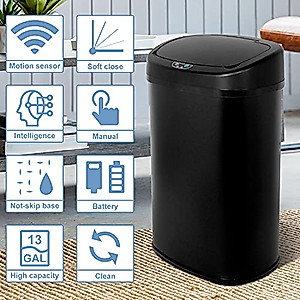 R/E Automatic Sensor Trash Can Kitchen Trash Can 13 Gallon Garbage Can High-Capacity Touch Free Waste Bin Stainless Steel Trash Can with Lid for Kitchen Office Bathroom Bedroom,Black