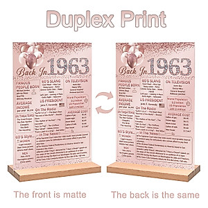 Vlipoeasn Pink 61st Birthday Anniversary Table Decoration 1963 Poster for Women, Rose Gold Back in 1963 Acrylic Table Sign with Wooden Stand, 61 Year Old Birthday Party Centerpieces Gift Supplies