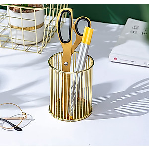 Stephanie Imports Set of 3 Metal Wire Pencil Cup or Makeup Brush Holder Organizer (Gold Bar Pattern)