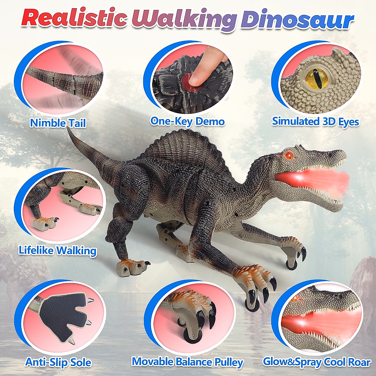 TALGIC- Remote Control Dinosaur Robot - Realistic Walking, Roaring, and Spraying Spinosaurus Toys - Light up and Shaking Head and Tail Robot Dinosaur for Kids Ages 3+