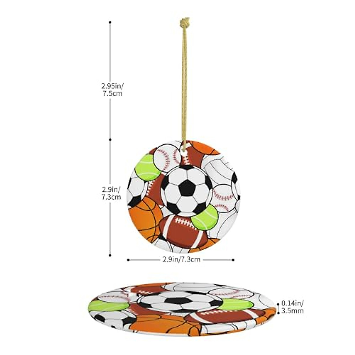 Sports Ball Print Christmas Tree Ceramic Hanging Round Shaped Xmas Tree Pendants Gatherings Party Deco