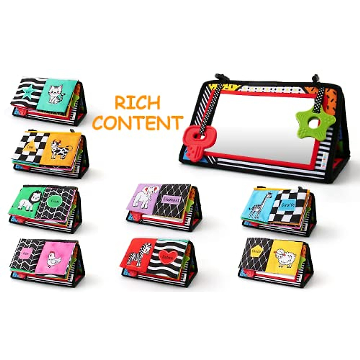 3-in-1 Tummy Time Mirror Toys with Soft Crinkle 3D Activity Book,Teethers, Rattle,High Contrast Black and White Montessori Baby Crawling Toys Developmental Newborn Infant Sensory Toys Gift 0-12 Months