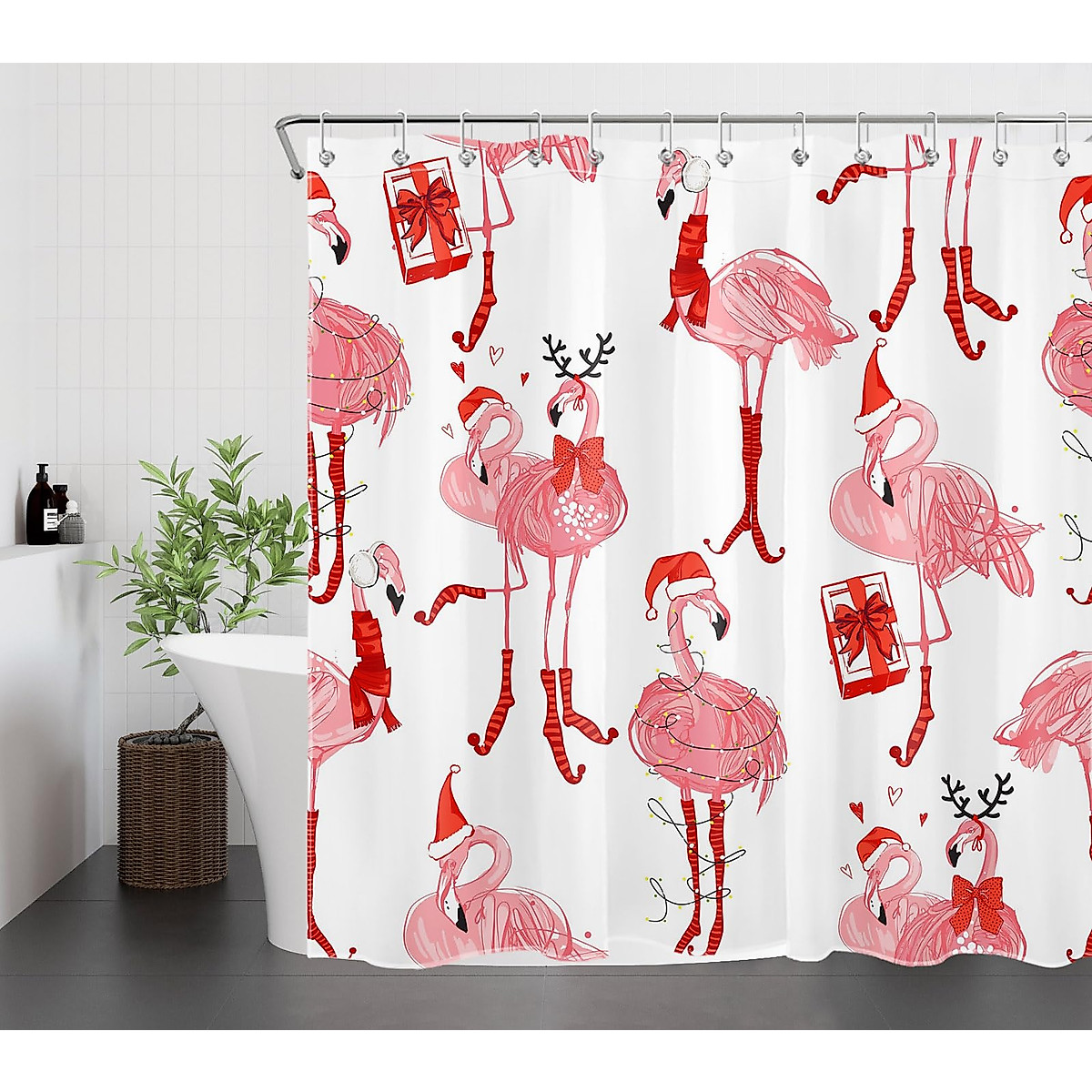 HVEST Christmas Flamingo Shower Curtain for Bathroom Decor, Pink Bird Flamingo and Gift on White Shower Curtain with Hooks, Tropical Christmas Bathroom Curtains Shower Set, 72L x 72W inches