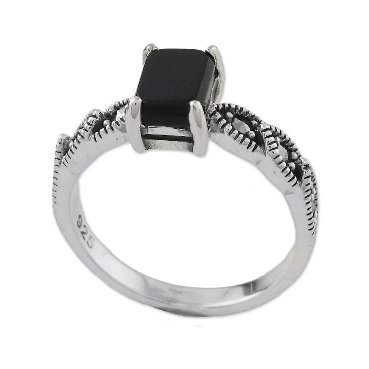 NOVICA Artisan Handmade Onyx Cocktail Ring Sterling Silver Starry Midnight Black Marcasite Grey Thailand Gemstone Birthstone [ring Front 0.3 in L x 0.2 in W Band Width 4 mm W] ' Starry Midnight'