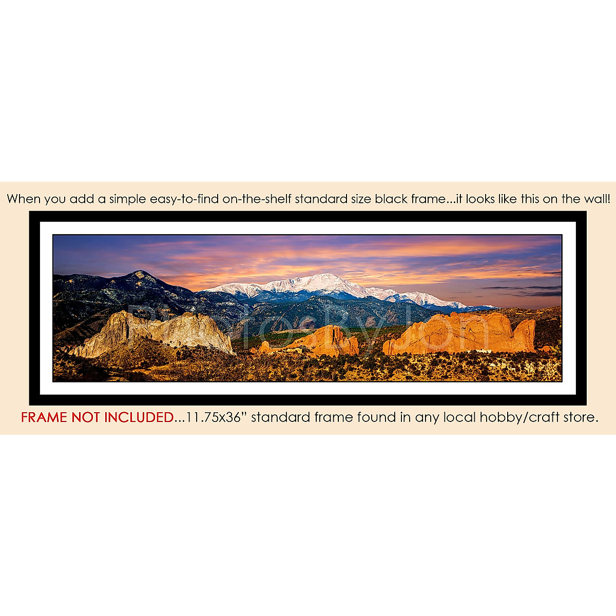 PHOTOSBYJON Pike's Peak and Garden of The Gods 11.75 inches x 36 inches Colorado Mountain Landscape Photographic Print Panorama Poster Photo Picture Standard Size