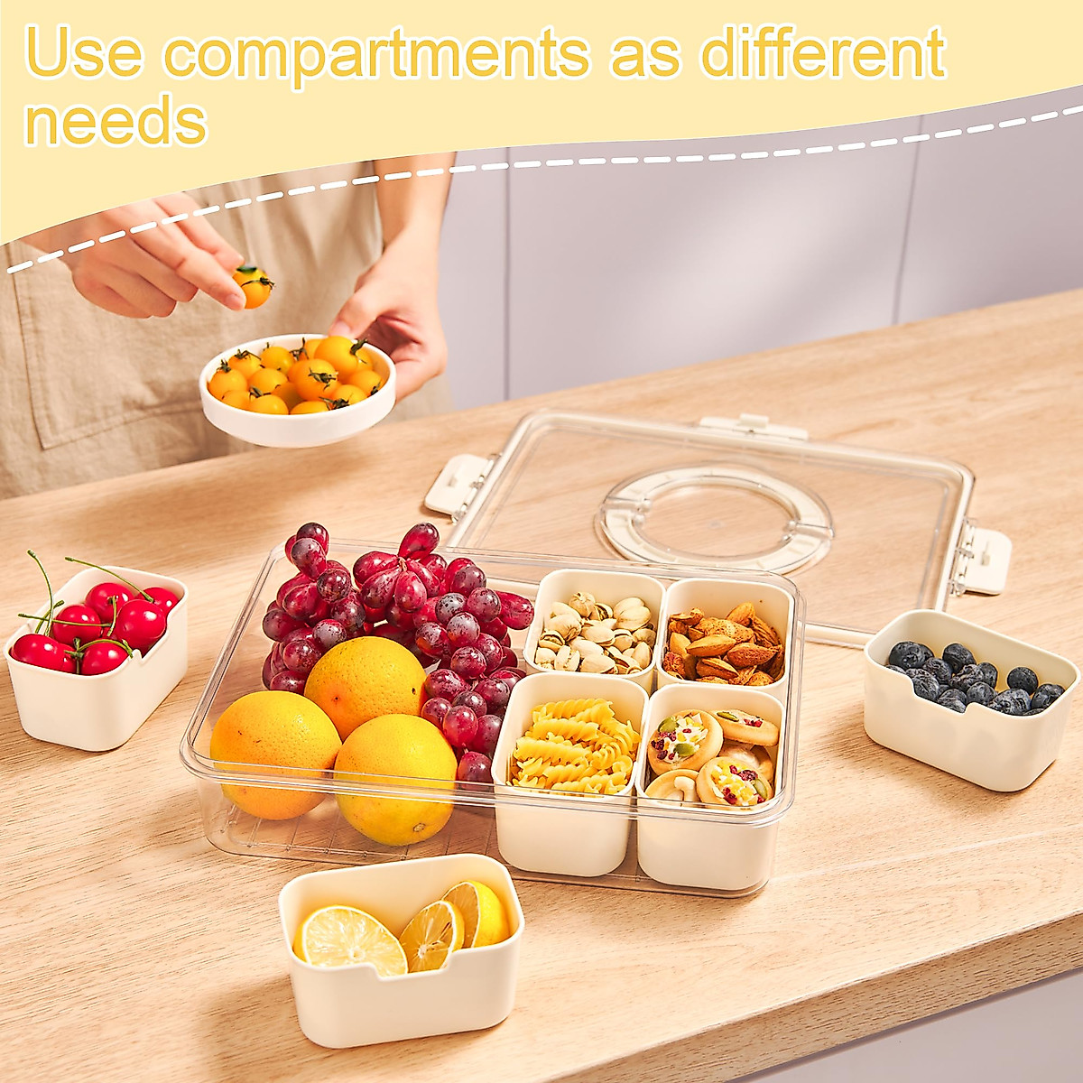 FIGWINET Snack Box Container, Rectangular, Compartmentalized Box with Flip Top Lid, Portable, Plastic, Reusable, Daily Use, Picnics, Parties, Kitchen Storage, Travel