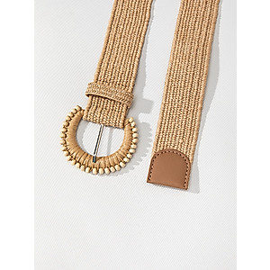 Verdusa Women's Round Buckle Straw Belts Boho Braided Waist Belt Khaki 100