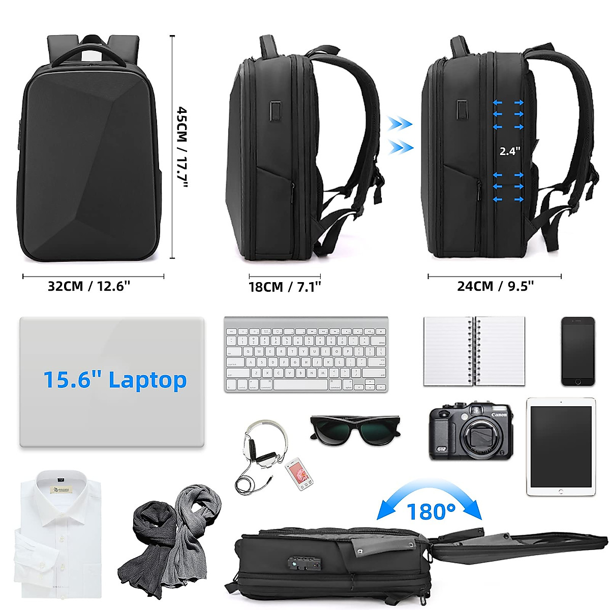 FENRUIEN Anti-Theft Hard Shell Backpack 15.6-Inch,Expandable Slim Business Travel Laptop Backpack for Men,Water-repellent Black Laptop Bag with USB Port