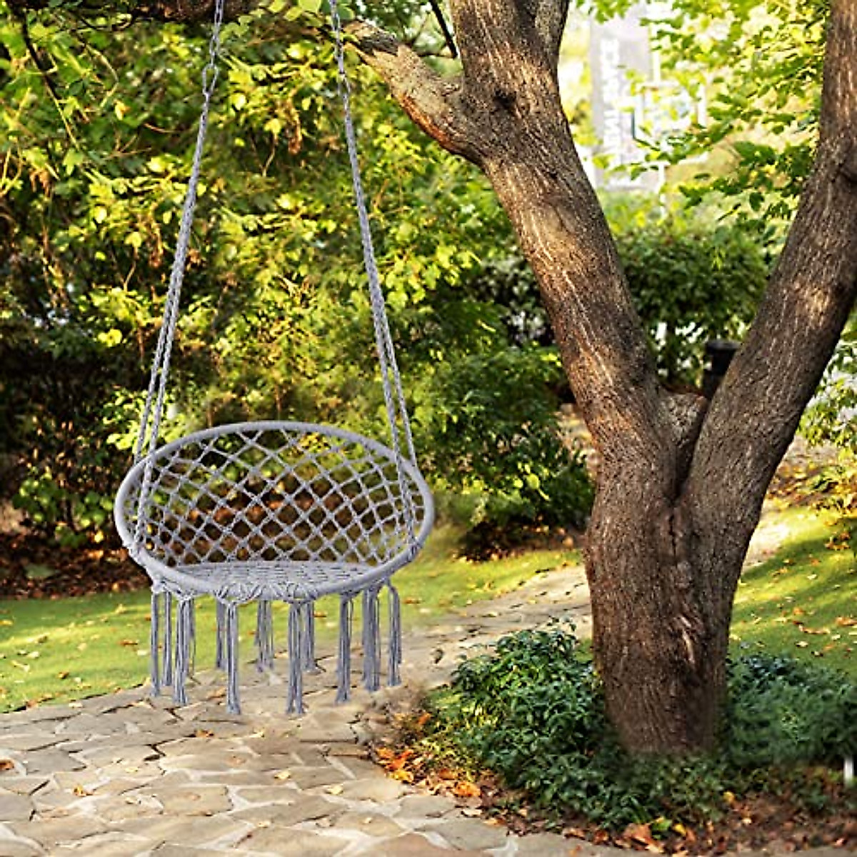 HBlife Hammock Chair, Hanging Swing with Macrame, Max 330 Lbs, Grey Hanging Cotton Rope Chair for Indoor, Outdoor, Bedroom, Patio, Yard, Deck, Garden and Porch, for Child