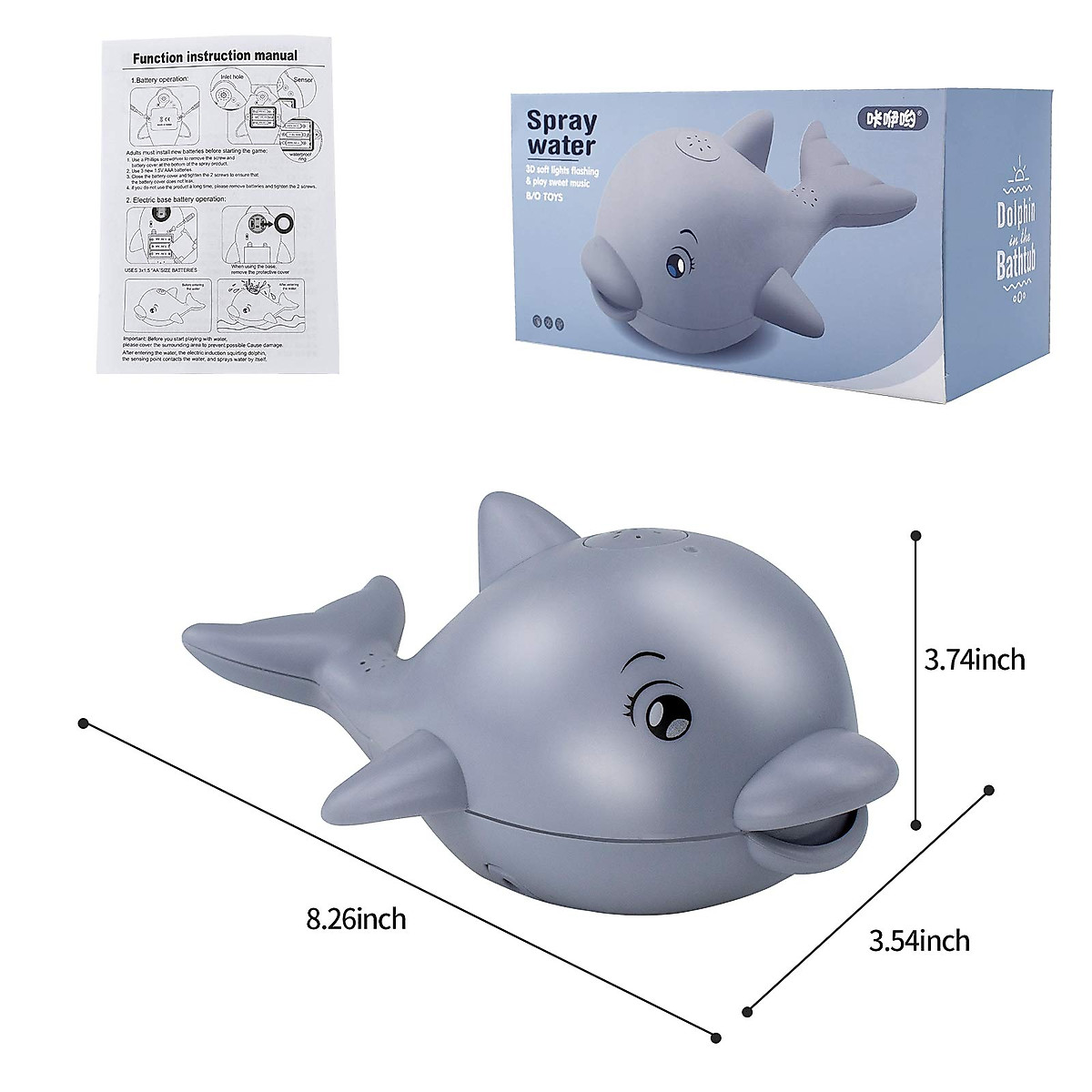 Kendyy Baby Bath Toys, Dolphin Animal Bathtub Toy with Music & Light Induction Sprinkler Automatic Spray Water for Infants Toddlers Kids Boys & Girls,Pool Bathroom Shower Toy Best Gift(Gray)