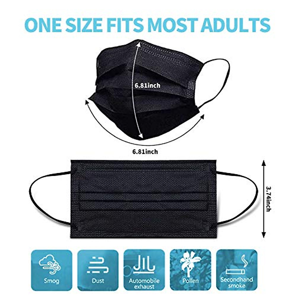 Yjiaka Disposable Black Face Masks 3 Ply for Protection Breathable Mouth Cover with Adjustable Nose Clip and Elastic Earloops for Outdoor/Office/Traveling - 50 Pcs (Black)