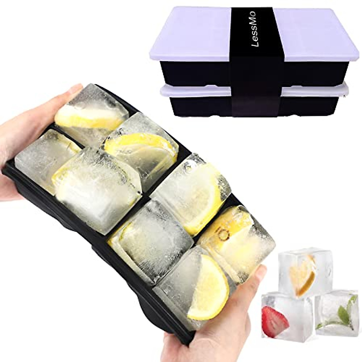 LessMo Ice Cube Tray with Lid - 2 Pack Large Silicone Ice Tray Molds for Freezer, BPA Free, Big Square Ice Cube for Whiskey, Cocktails, Baby Food, Juices