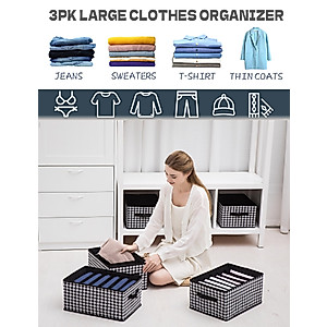 MYTHAUS 3 Pack Large Wardrobe Clothes Organizer, 6 Grid Closet Organizer for Jeans, Pants, T-Shirts, Underwear, Scarf, Foldable Fabric Drawer Organizer Storage Bin with Dual Handles, Black and White