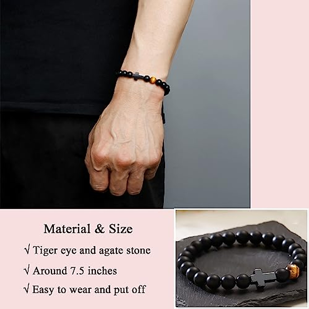 Faith Gifts for Men Unique Elastic 8mm Natural Stone Tiger Eye Bracelet Cross Charm Bracelets Pulseras Para Hombres Rosary Jesus Bracelet Best Friend Bracelet Catholic Religious Easter Gifts Nothing Will Be Impossible Matthew 17:20