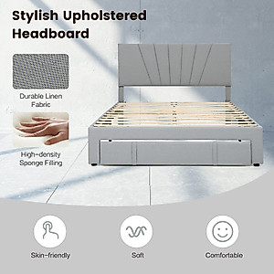 Giantex Upholstered Queen Bed Frame with Drawer, Modern Platform Bed with Storage & Adjustable Headboard, Wooden Slat Support Mattress Foundation, No Box Spring Needed, Noise Free