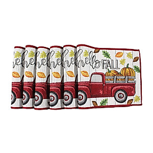 Fall Farmhouse Red Truck and Pumpkins Placemats, Hello Fall Set of Six (6) Colorful Tapestry Weave Fabric, for Holiday's, Thanksgiving, Autumn and Fall