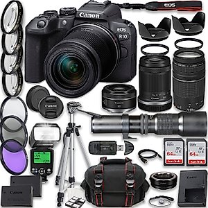 Canon EOS R10 Mirrorless Camera RF-S 18-150mm is STM + EF 75-300mm f/4-5.6 III + RF 50mm f/1.8 STM + 500mm f/8 Focus Lenses + 2X 64GB Memory Cards, TTL Flash, Case & More (Renewed)