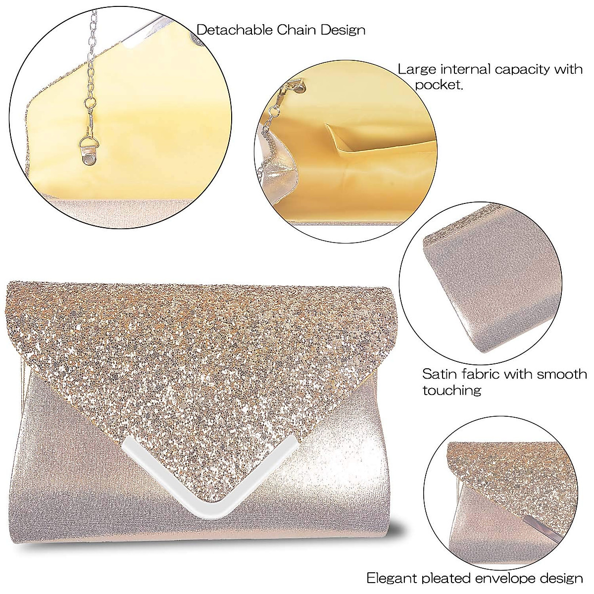 Women Evening Envelope Handbag Prom Sequin Clutch Purse Shoulder Cross Body Bag (Gold)