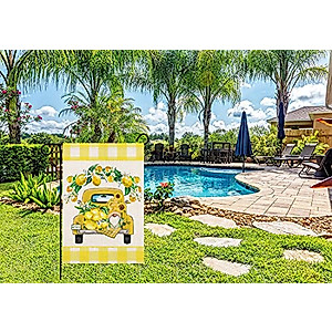 Yameeta Hello Summer Lemon Garden Flag 12.5x18 Inch Buffalo Yellow Truck with Lemons Gnome Sunflower Floral Farmhouse Decoration Double Sided Burlap Yard Lawn Outdoor Banner Flag