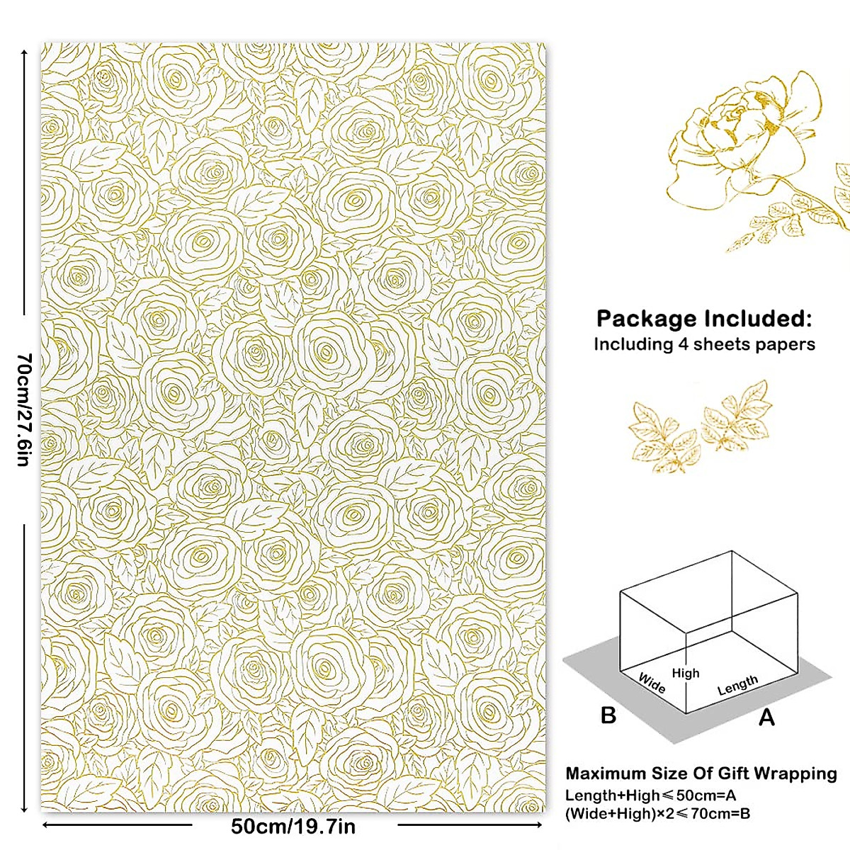 Rose Wrapping Paper On White Gift Wrapping Paper 4 Sheets Folded Flat 20x30 Inches Per Sheet, Flower Gift Wrap for Wedding, Birthday, Bridal Showers,Mother's Day, Valentine's Day Holiday Christening and More Occasion