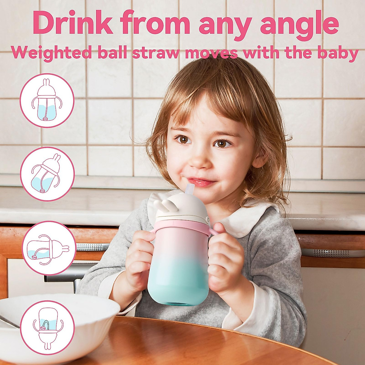 NCVI Weighted Straw Sippy Cup Spill Proof Stainless Steel, Kids Toddler Thermal Cup with Removable Handle and Replacement Head Straw Perfect for 2 Years Old, 10oz (Pink Bunny)