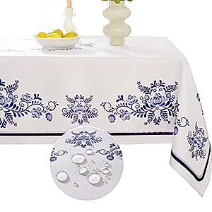 SASTYBALE Spring Ceramic/China Style Tablecloth, Blue and White Porcelain Tablecloth Spill Proof Stain Resistant Tablecloth for Kitchen Dining Picnic Party (52" x 70", Rectangle/Oblong(4-6 Seats))