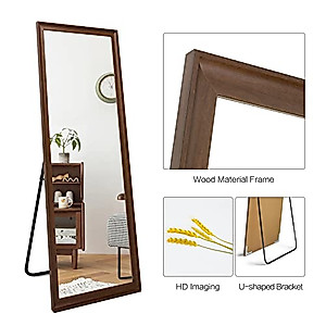 TheiaMo Full Length Mirror Wood Frame, 65×22in Floor Mirror Full Body Mirror with Standing Holder Hanging Wall Mirror, Stand Large HD Mirror, Dressing Mirror for Bedroom/Living Room, Walnut