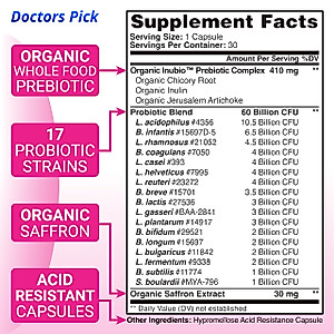 Doctors Pick Fem Pro Probiotics for Women. 17 Clinically Effective Strains for Vaginal, Digestive & Immune Support, Urinary Tract Health, pH Balance and Mood. Organic Prebiotic, 30 Veggie Capsules