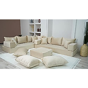 8" Thickness Velvet Beige Color L Shaped Floor Seating, Arabic Seating Couch, Luxury Velvet Floor Seating, Corner Sectional Sofa, Loveseats (L Sofa + Ottoman + Pillows)