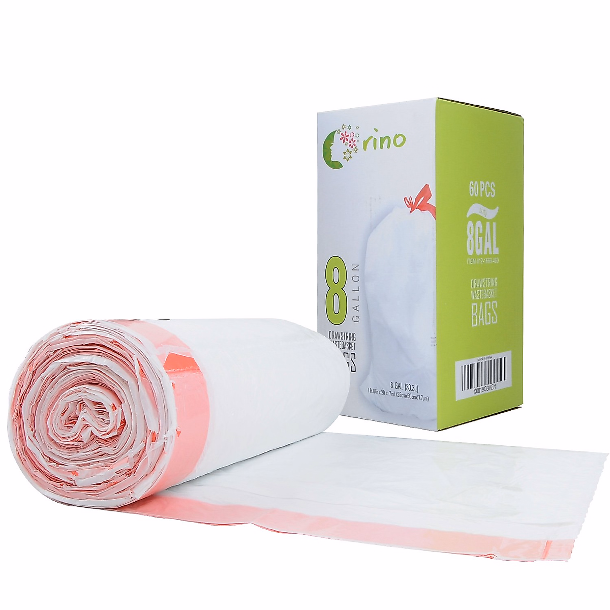 Orino Ultra Strong Garbage Bags 8 Gallon Trash Can Liners for Kitchen and Office Unscented White Drawstring Trash Bags, 60 Count 0.74 mil 22" x 24"