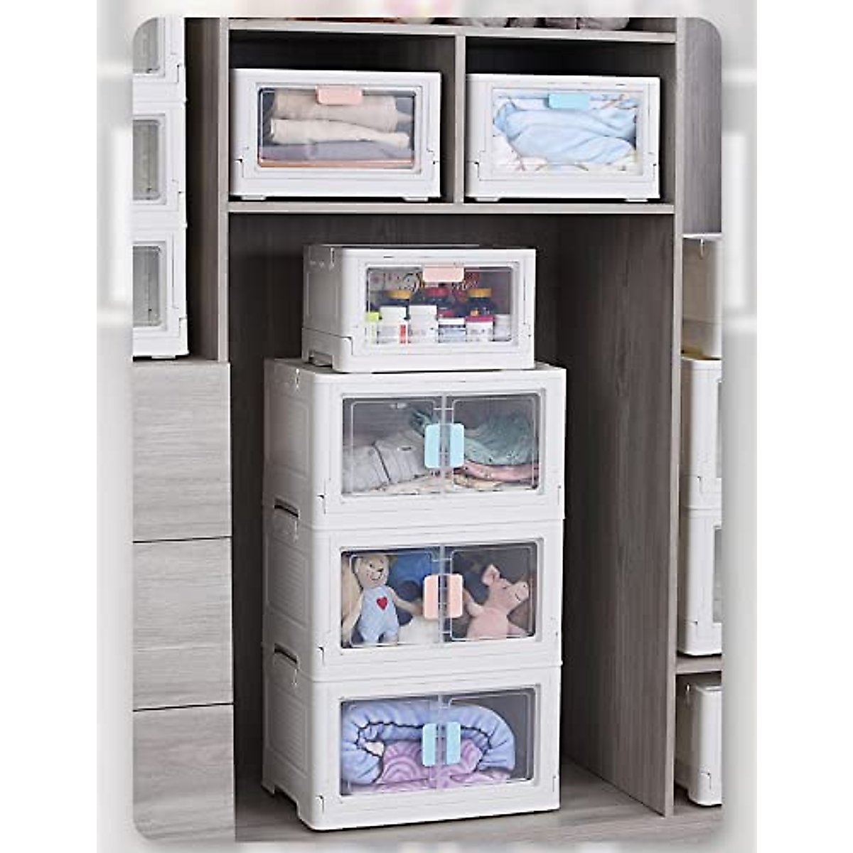 Radefasun Foldable Storage Bins with Lid and Clear Door and Weels Plastic Collapsible Storage Box Portable Stackable Grocery Toys Books Container Folding Storage Crate for Home or Car Trunk