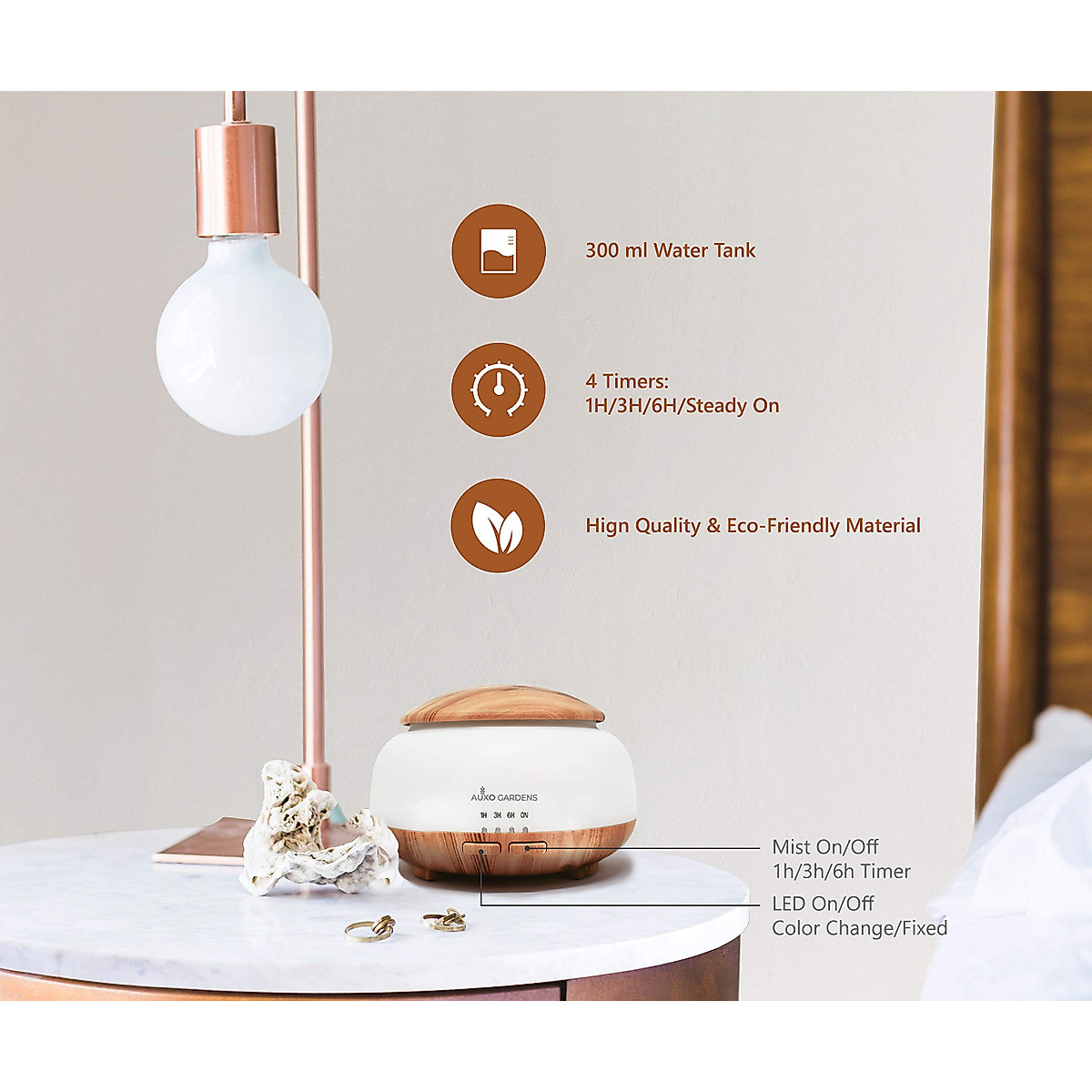 Ultrasonic Aromatherapy Essential Oil Diffuser, 300ml Cool Mist Humidifier with 7 Color LED Lights Changing and Waterless Auto Shut-off for Office Home Bedroom Living Room Study Yoga Spa