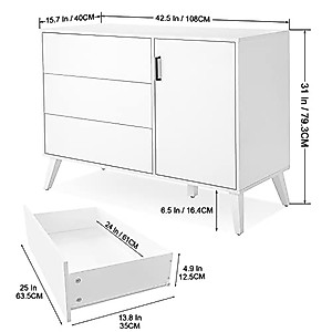 SEJOV White Dresser for Bedroom, 3-Drawer Chest Wood Dresser with Door, Wide Storage Space, Drawer Press Control Design, Large Storage Cabinet for Bedroom Living Room Hallway Entryway
