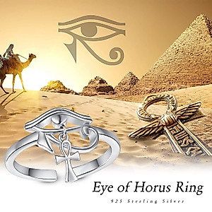 TANGPOET Eye of Horus with Ankh Cross Rings for Women 925 Sterling Silver Adjustable Open Rings Protection Jewelry Gift for Her