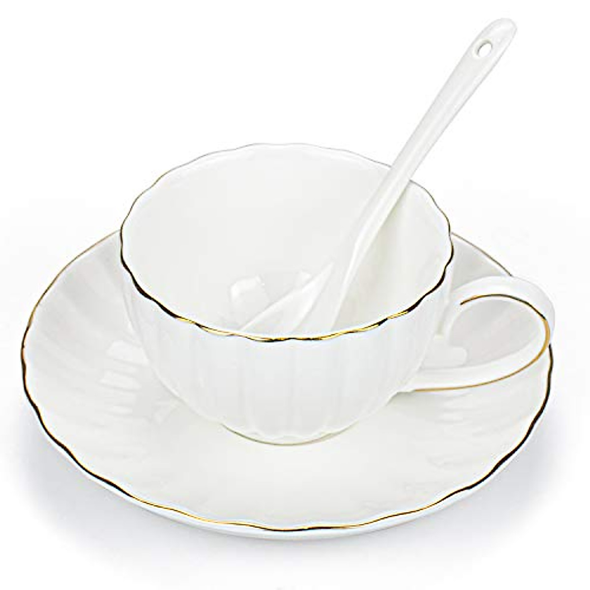 Hedume 18 PCS Tea Cup Set, 5oz Espresso Cups with Saucers and Spoons, Cappuccino Cups with Gold Trim British Coffee Cups for Specialty Coffee Drinks, Latte, Cafe Mocha and Tea