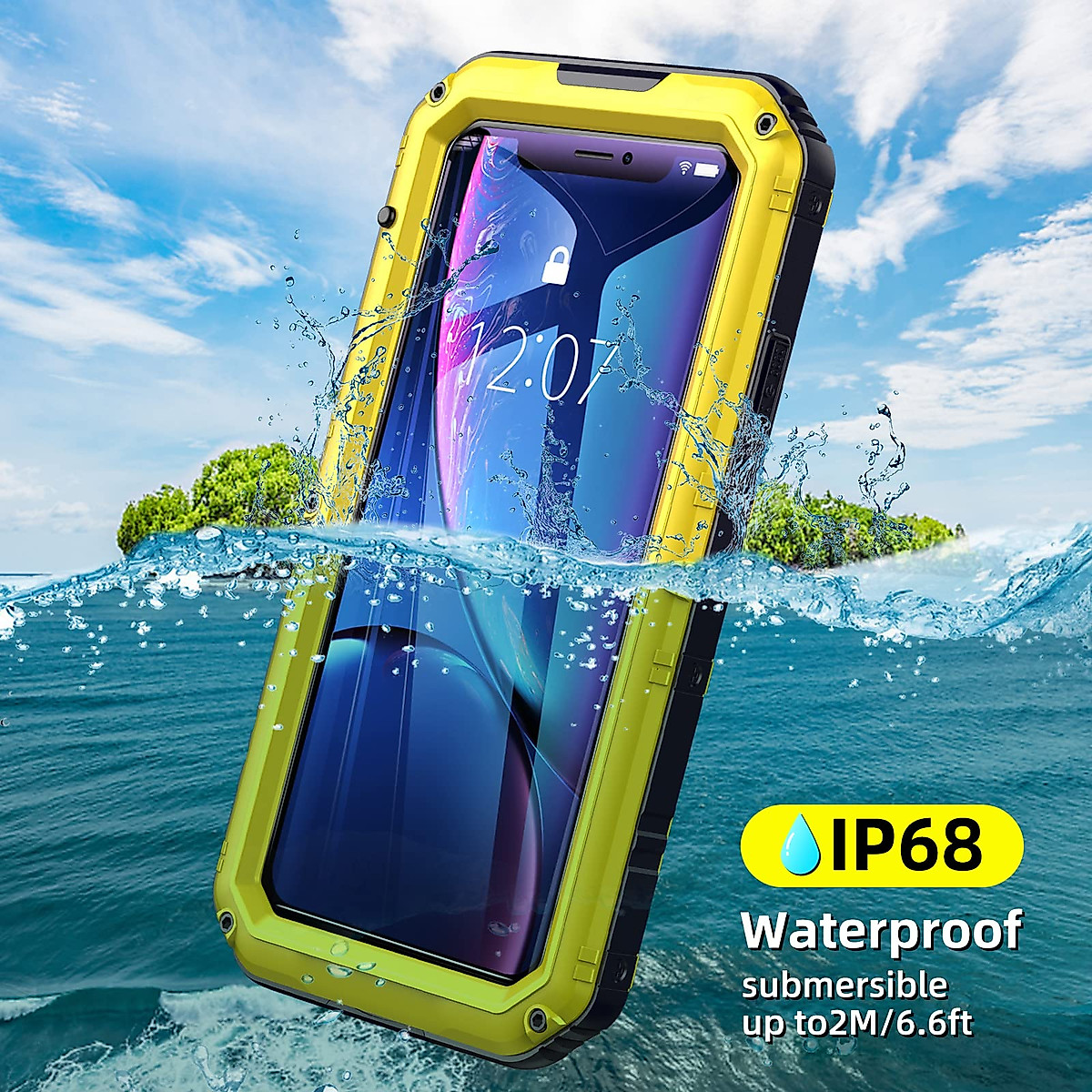 Beasyjoy for iPhone XR Metal Case, Waterproof Heavy Duty Case with Built-in Screen Protector, Full Body Protective Shockproof Tough Rugged Military Grade Defender Outdoor Case(Yellow)