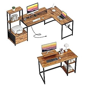 GreenForest 70 in L Shaped Desk with Drawers and Printer Stand and 47 in Computer Home Office Desk with Monitor Stand and Storage Shelves