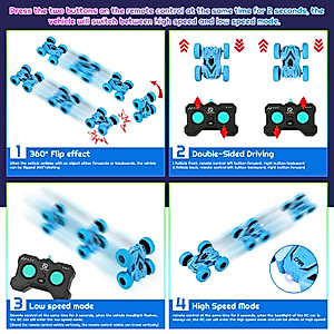 RC Stunt Cars RC Cars with Lights UP 4WD 2.4Ghz Double Sided 360° Rotating RC Truck Cool Surprise for 6 Year Old Boy Gifts Kids Xmas Toy Cars for Boys Girls(Blue)