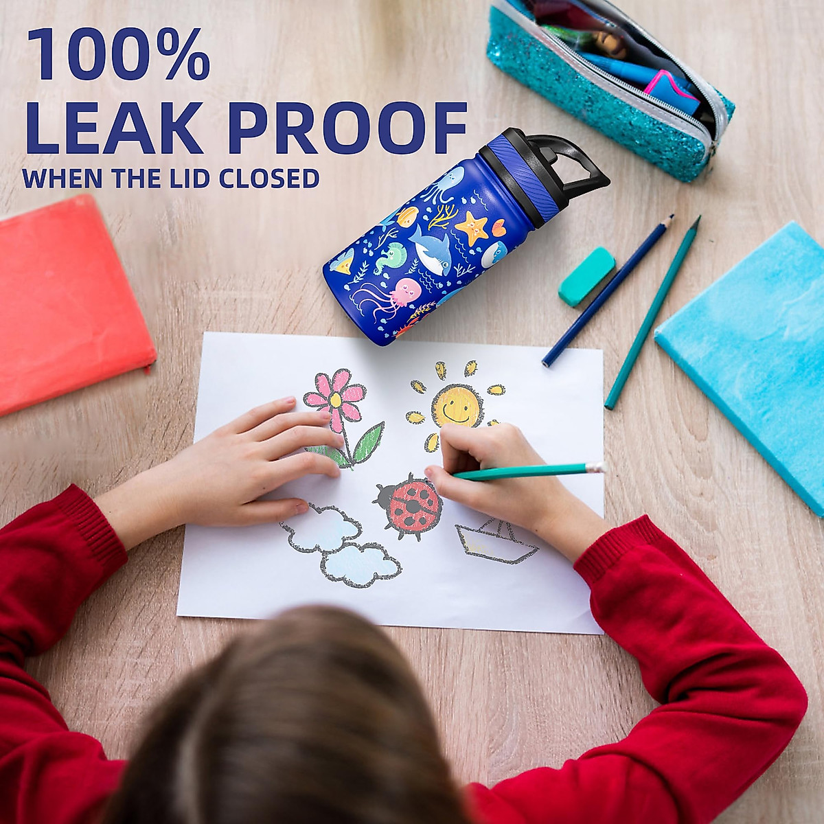 Fanhaw 14 Oz Kids Insulated Water Bottle with Straw - Stainless Steel Double Wall Vacuum Cup, Leakproof, BPA Free, Suitable for Boys and Girls(Blue - Under Construction)